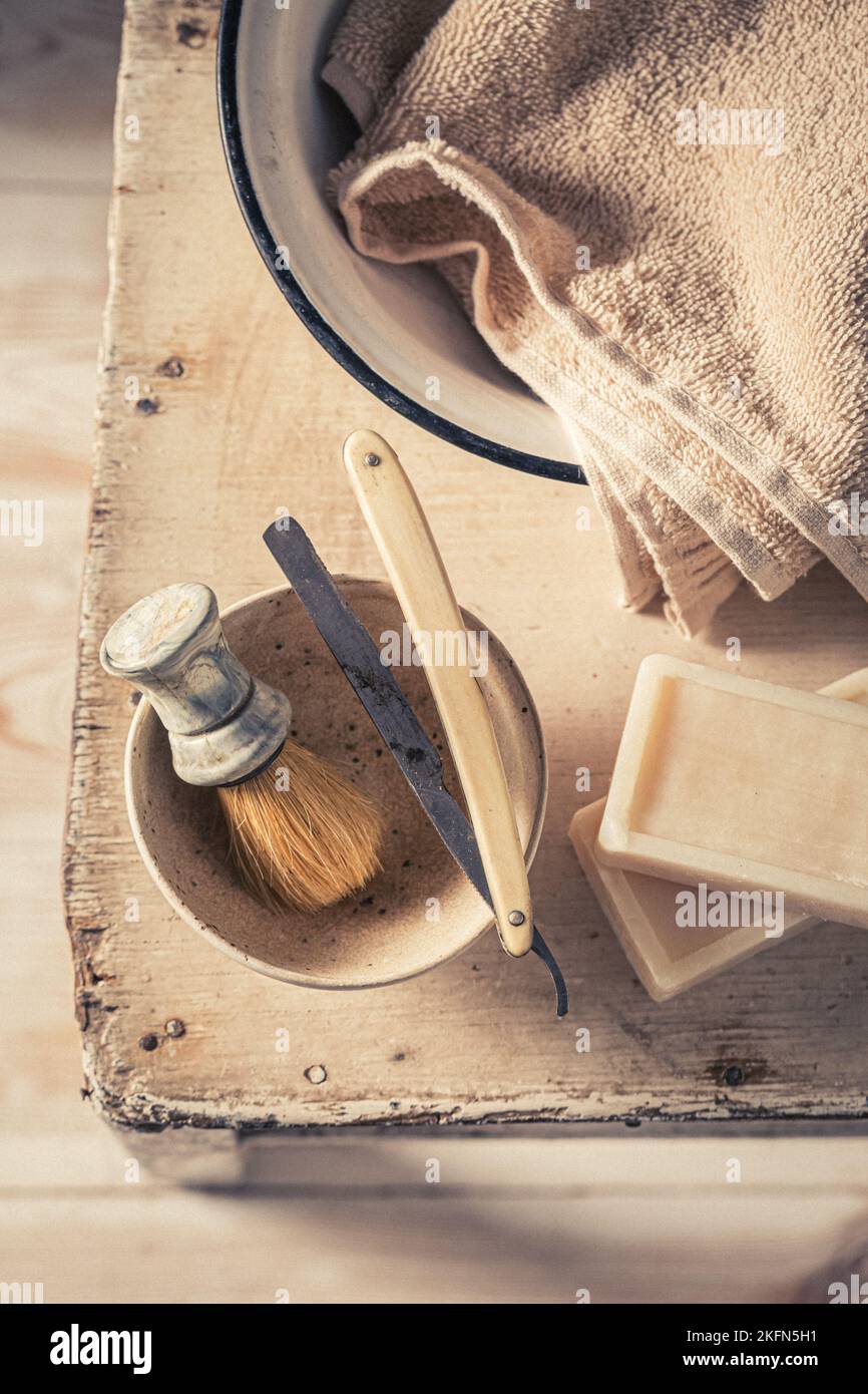 Vintage and classic tools for shave with grey soap and brush. Classic ...