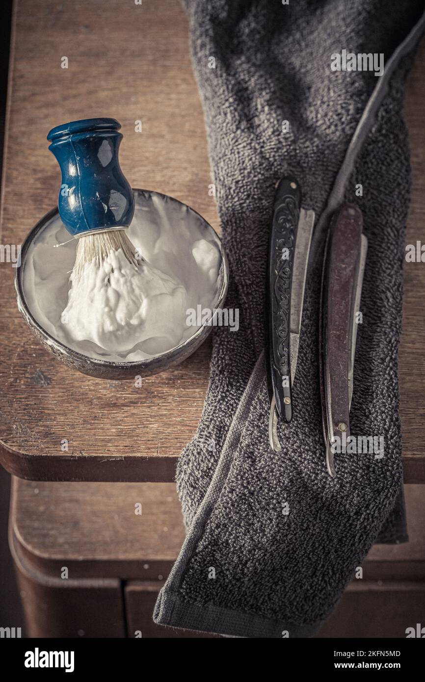 Antique and traditional shave set with razor and brush. Classic shaving ...