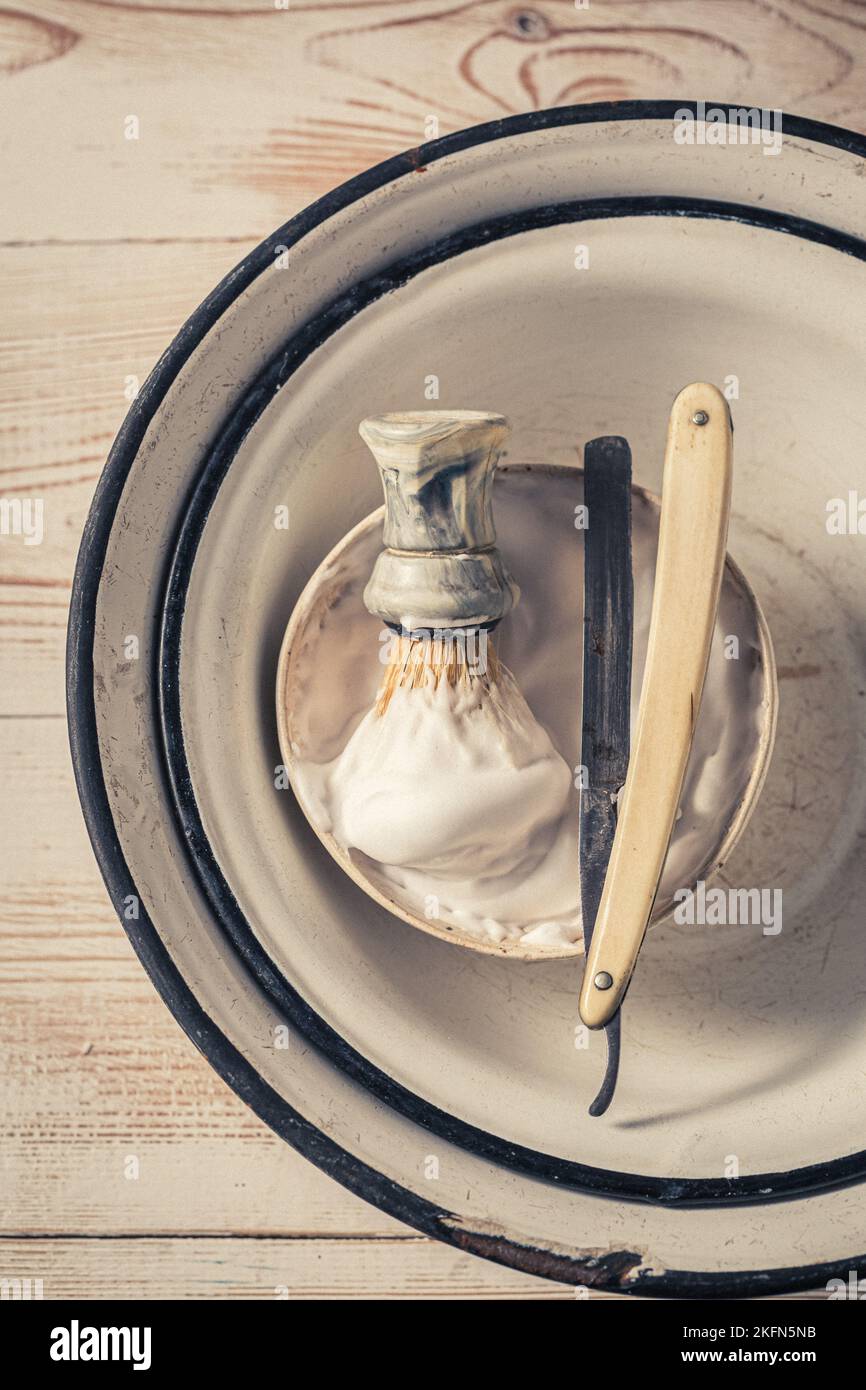 Old and unique shaving tools with razor and brush. Classic shaving ...