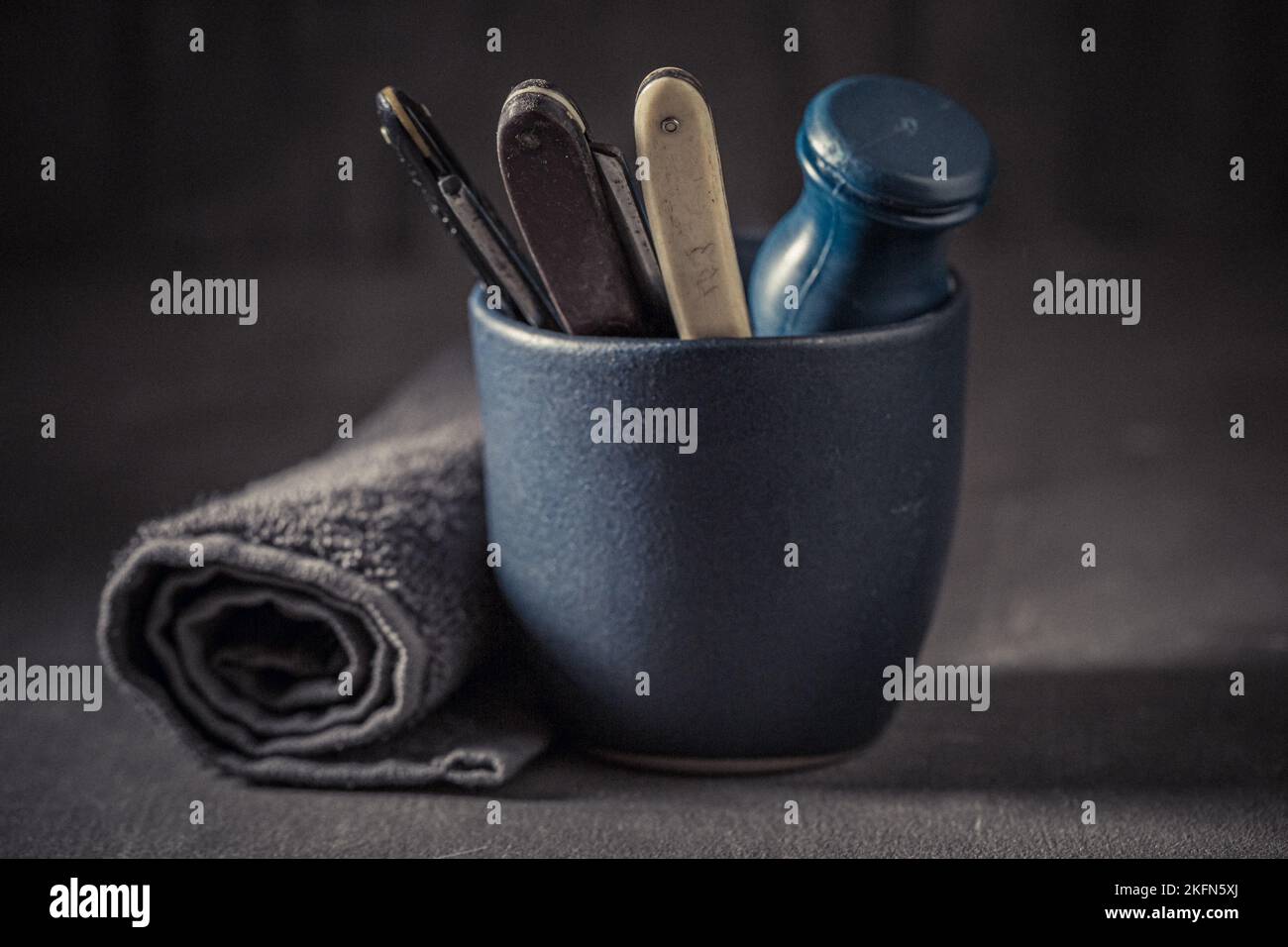 Old and unique tools for shave with grey soap and brush. Classic ...