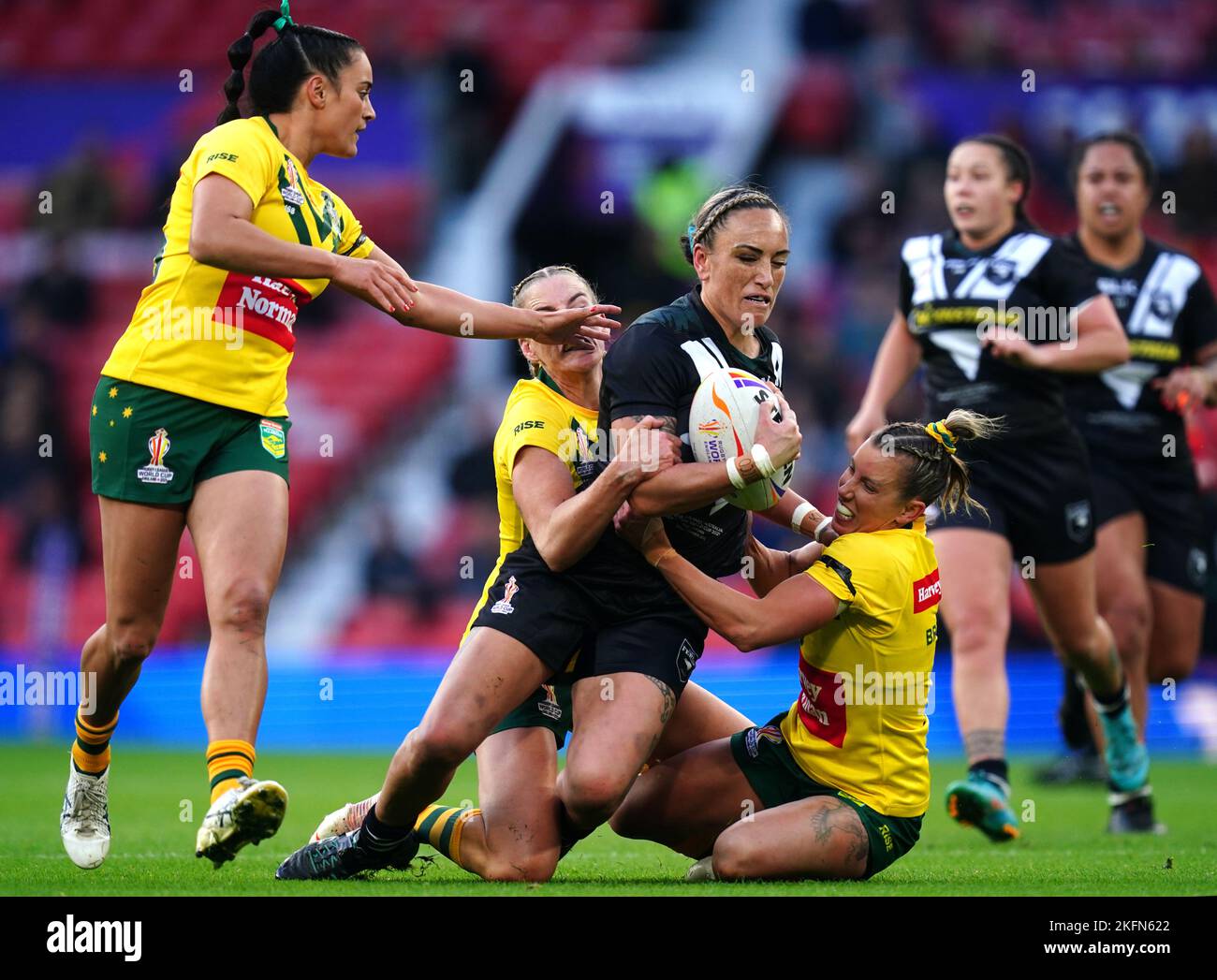 New Zealand's Krystal Rota tackled by Australia's Samantha Bremner ...