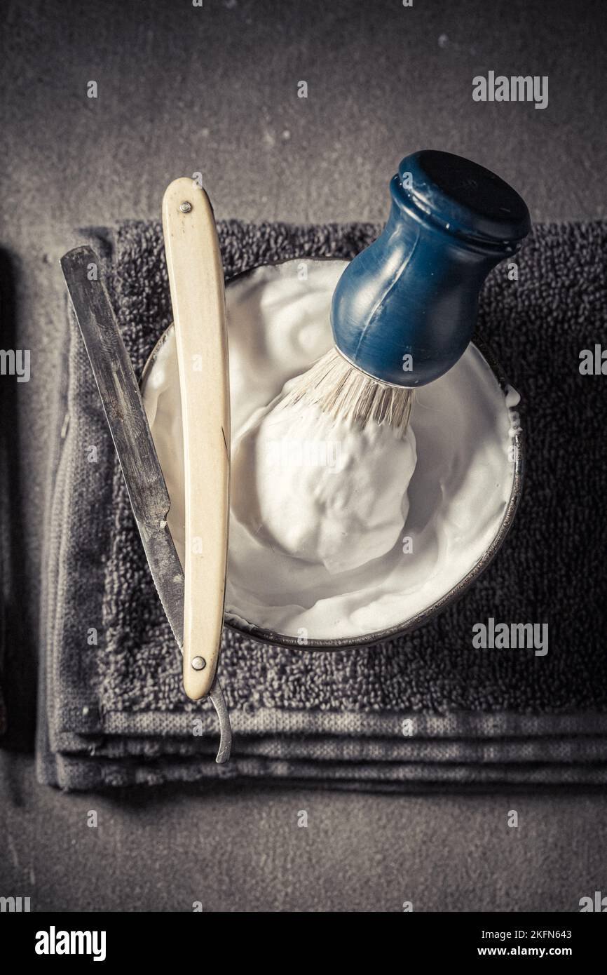 Old and unique shave set with grey soap and brush. Classic shaving ...