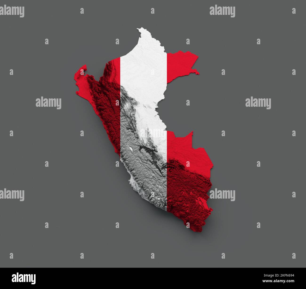 A 3D render of a Peru map with land heights and flag colors on a gray ...