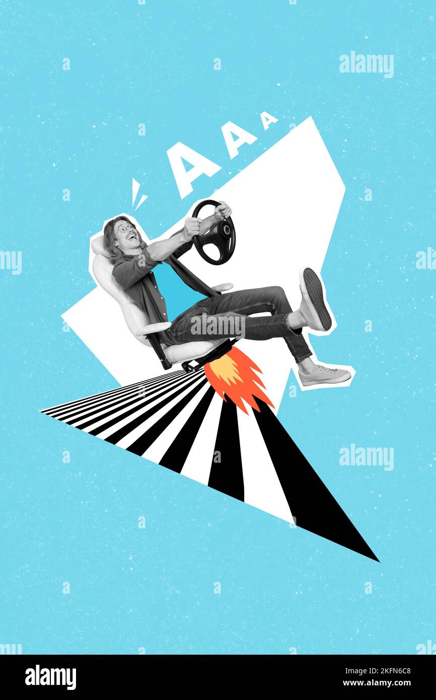 Creative collage picture of excited crazy man driving flying high ...