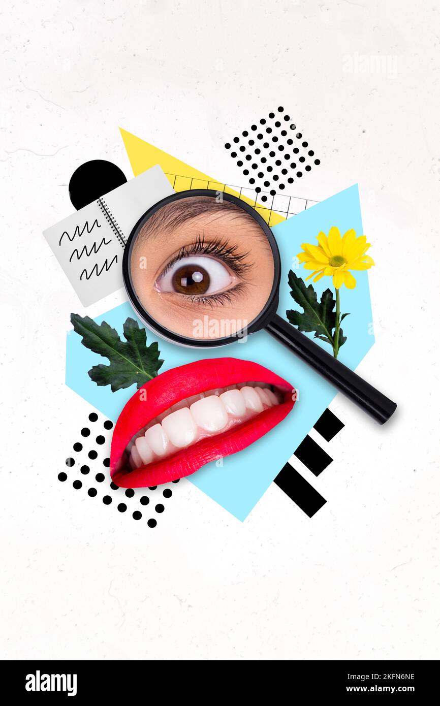 Vertical composite picture collage of magnifier lens zoom woman eye ...