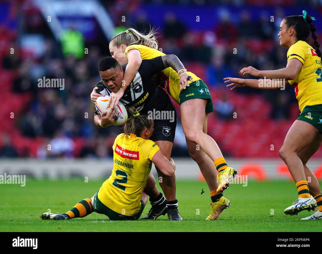 New Zealand's Mele Hufanga tackled by Australia's Samantha Bremner and ...
