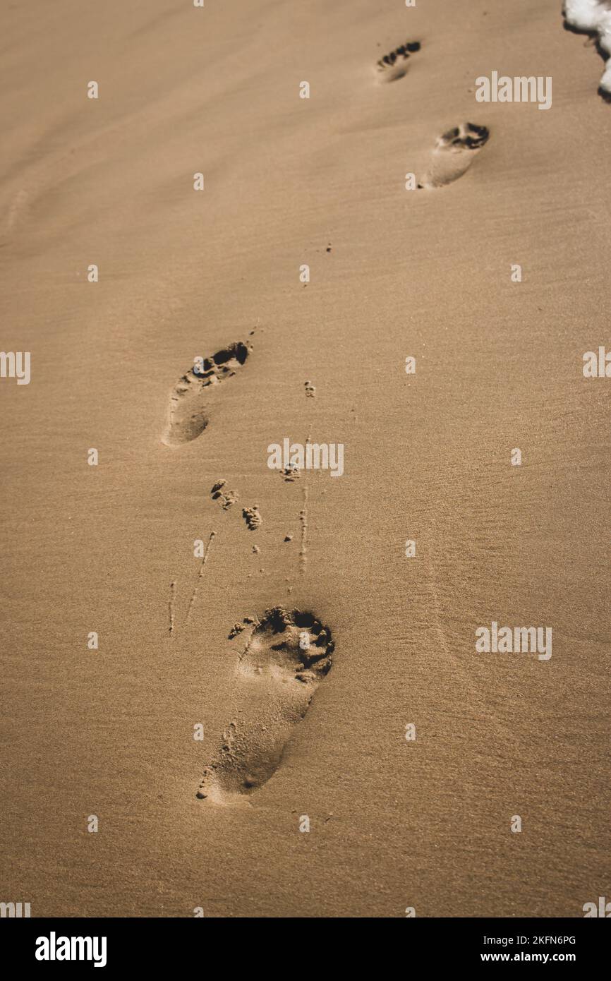 Footsteps in sand. Footprints on the beach. Walk concept. Human steps ...
