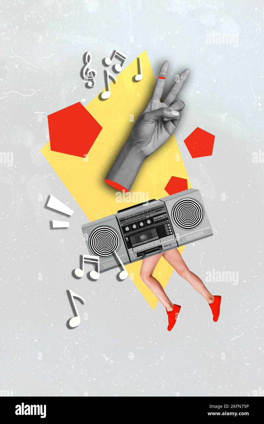 Vertical collage illustration of big human arm fingers show v-sign ...