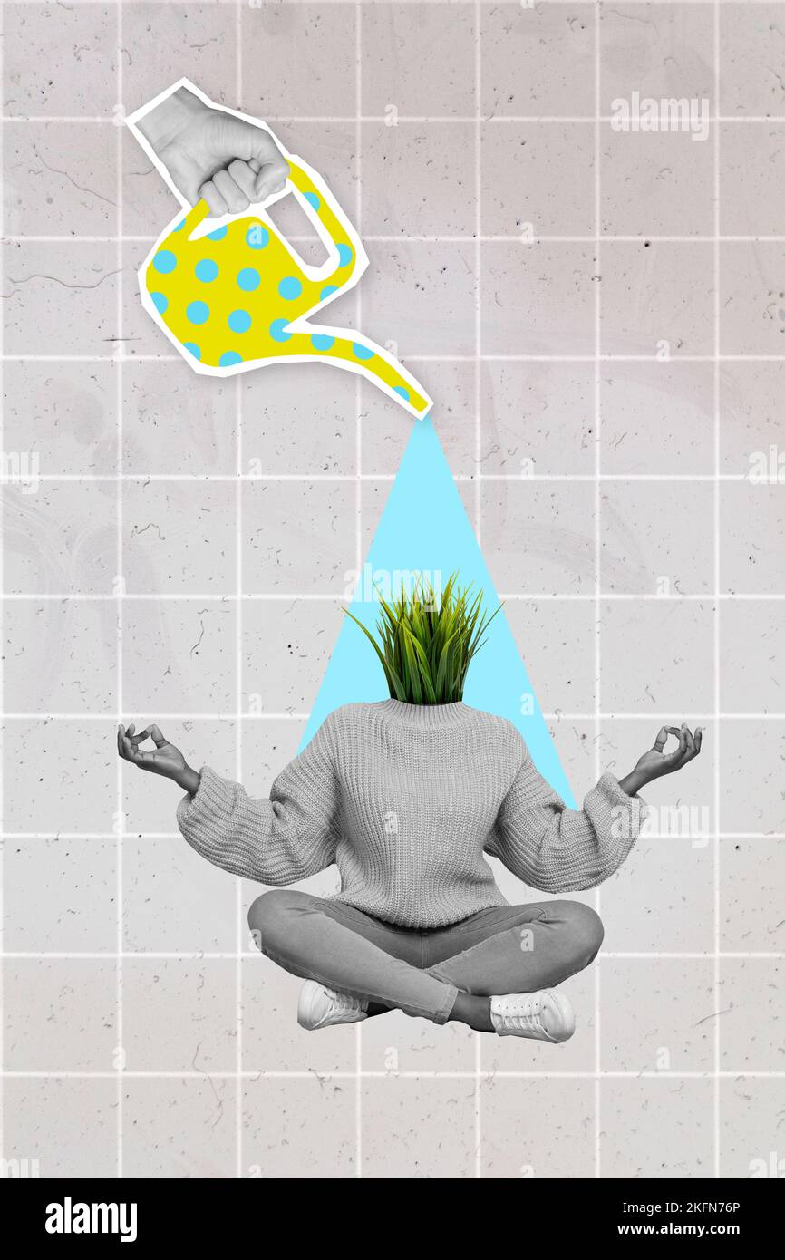 Vertical composite collage picture of big arm watering girl black white ...