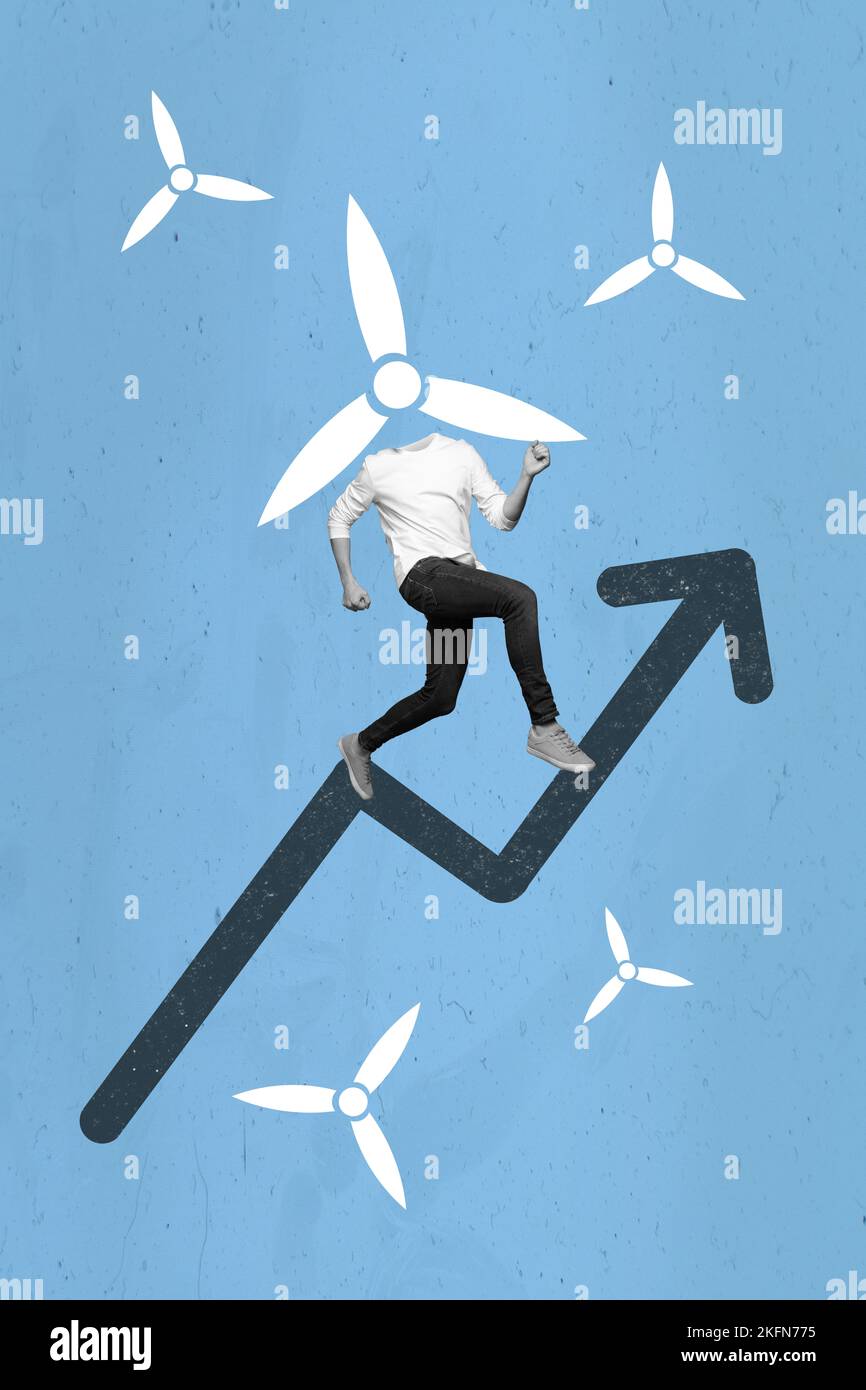 Vertical Collage Image Of Running Person Black White Gamma Windmill Instead Head Drawing Arrow 