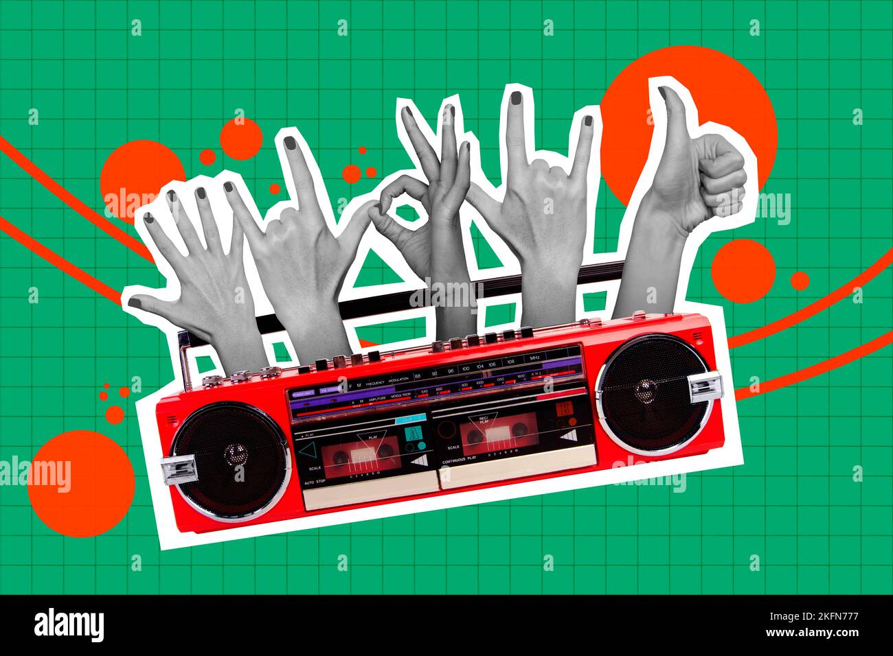 Creative trend collage of boombox tape recorder vintage retro party ...