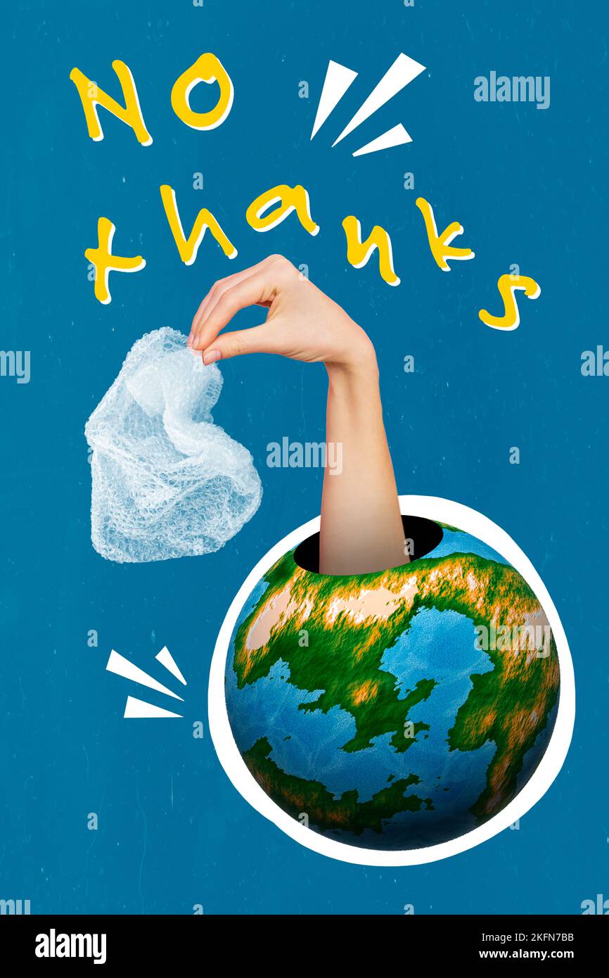 Vertical creative collage photo illustration of hand from planet earth ...