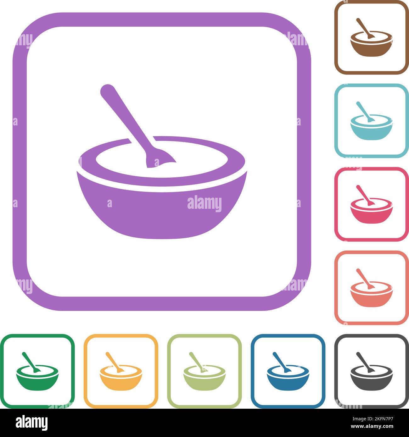 Bowl of soup with spoon simple icons in color rounded square frames on ...