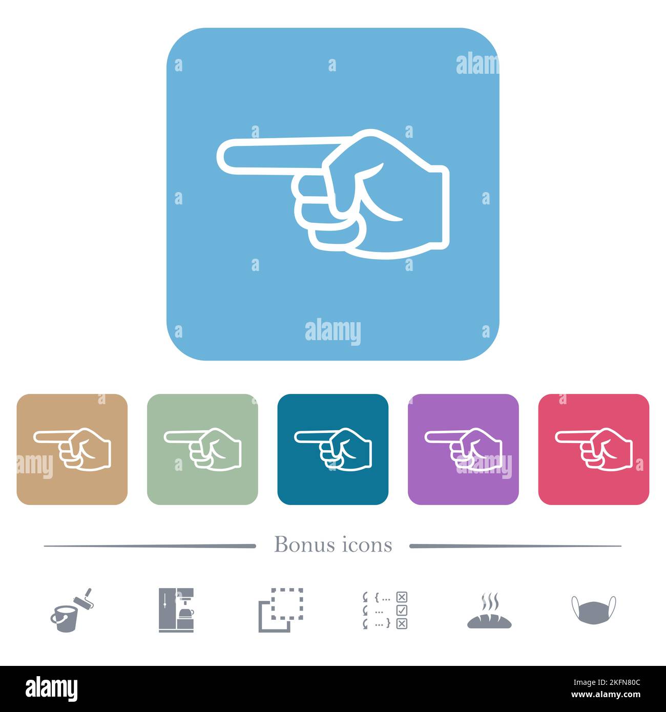 Left pointing hand outline white flat icons on color rounded square backgrounds. 6 bonus icons ...