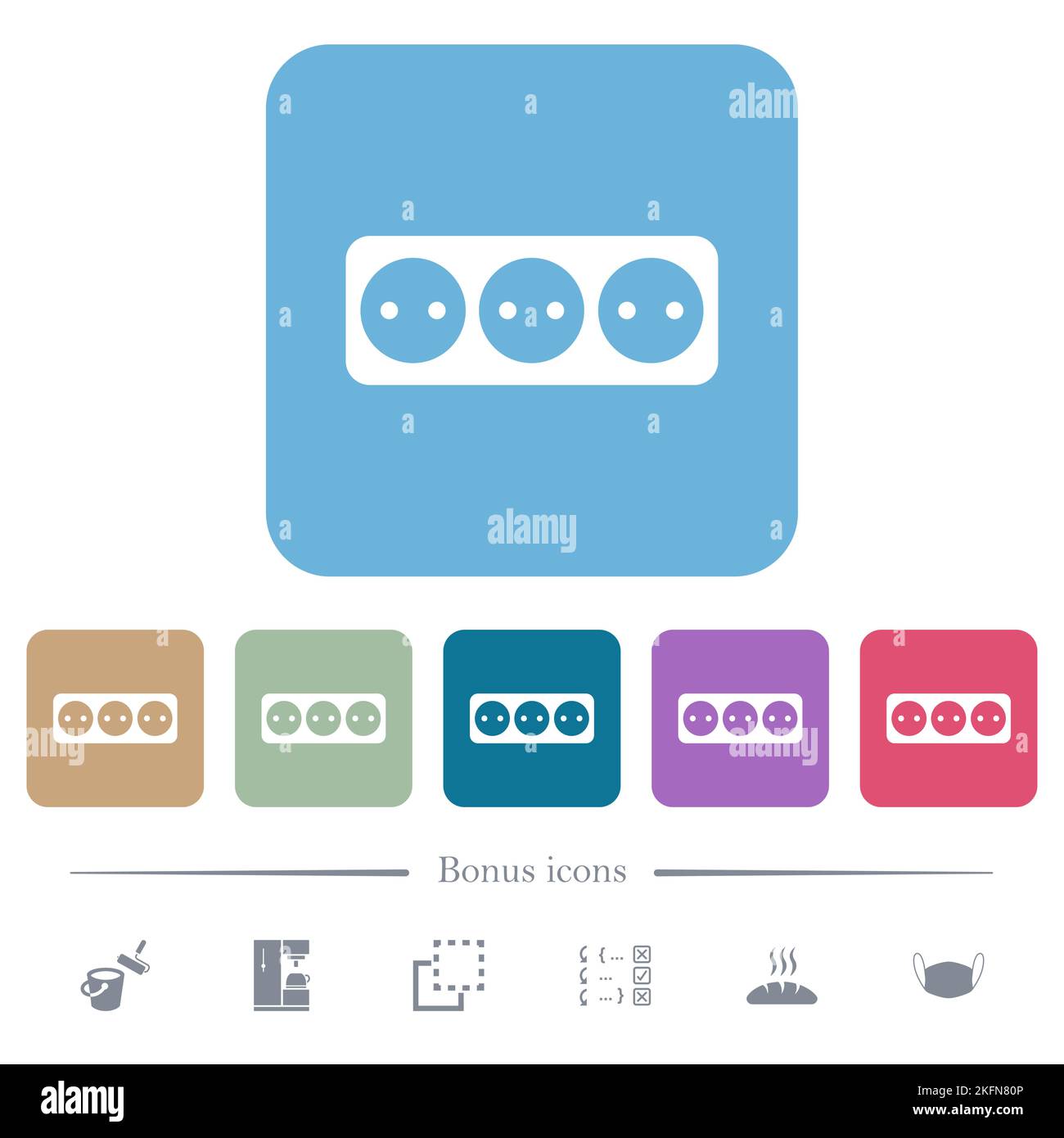 Electrical outlet with three sockets solid white flat icons on color rounded square backgrounds ...