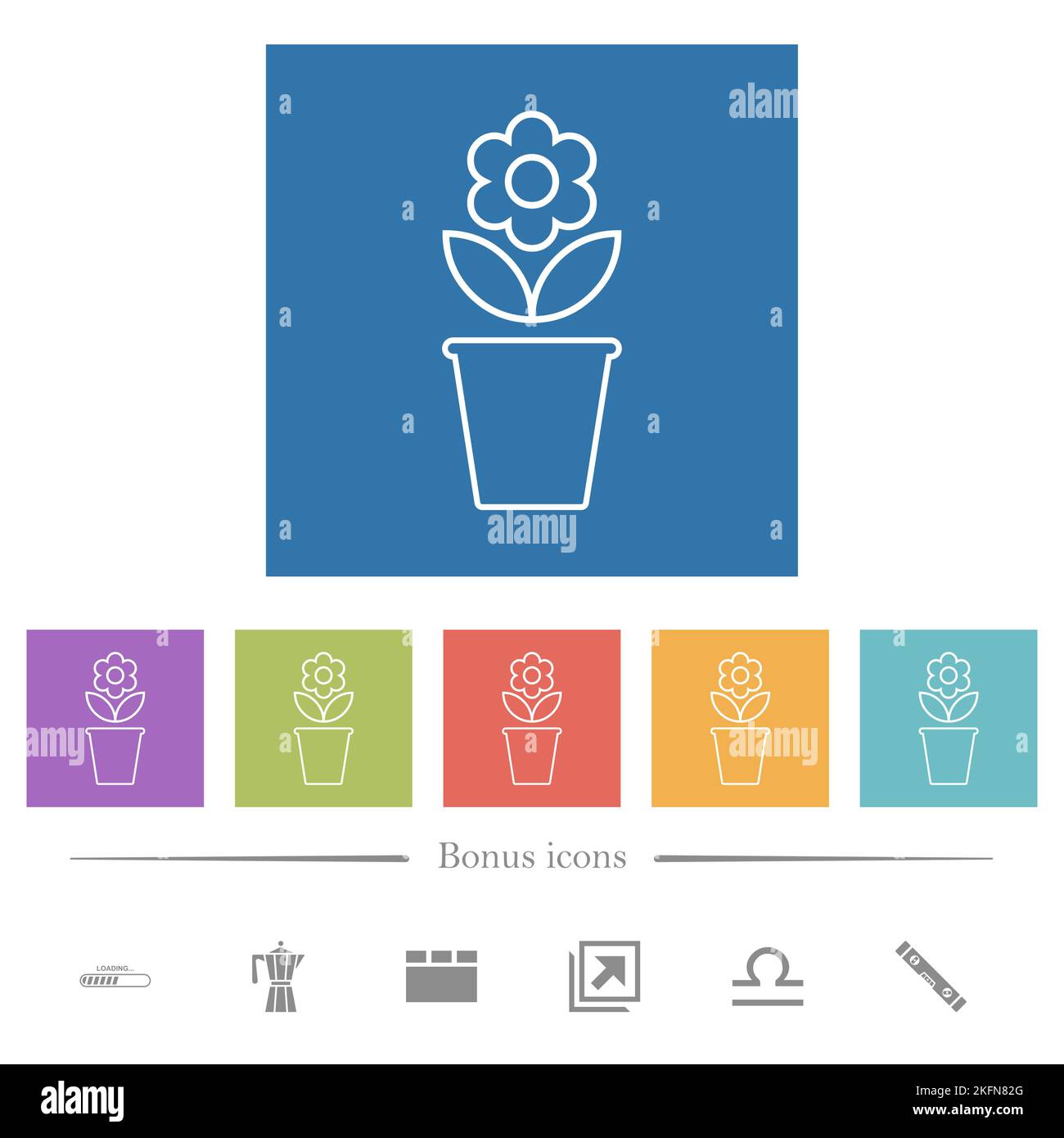 flowerpot with flower and leaves outline flat white icons in square backgrounds. 6 bonus icons ...