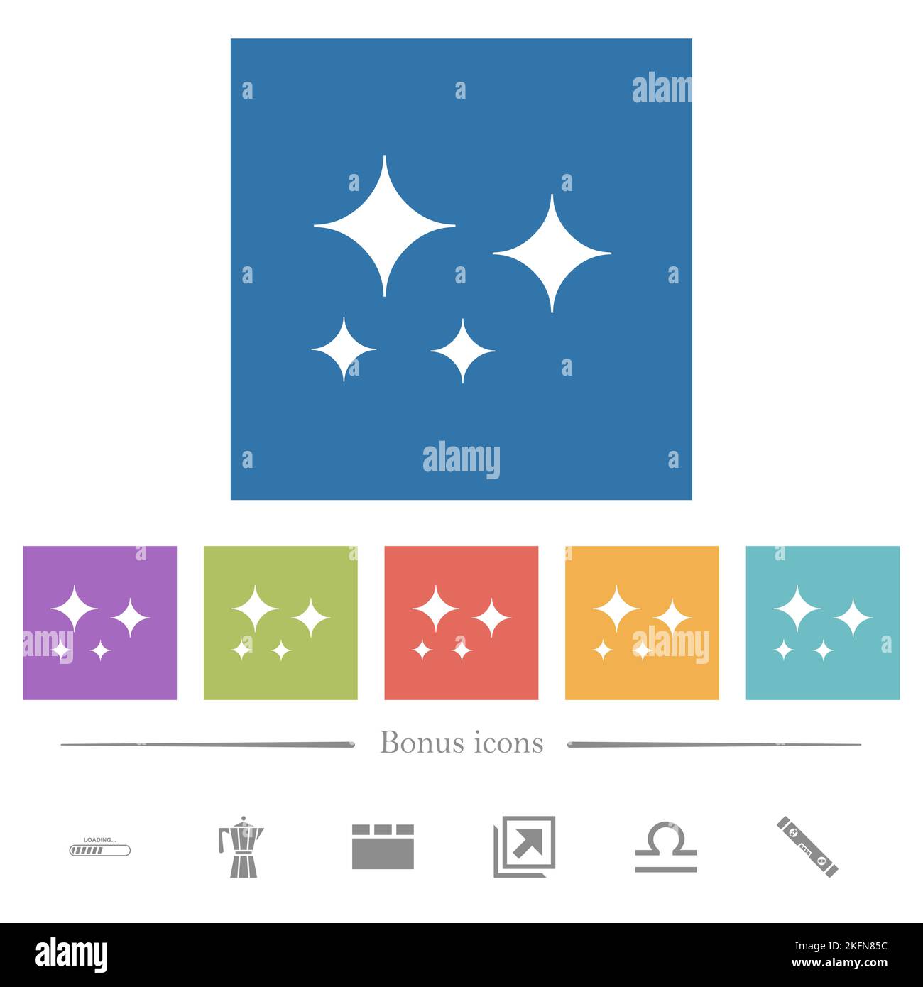 Glare stars solid flat white icons in square backgrounds. 6 bonus icons ...