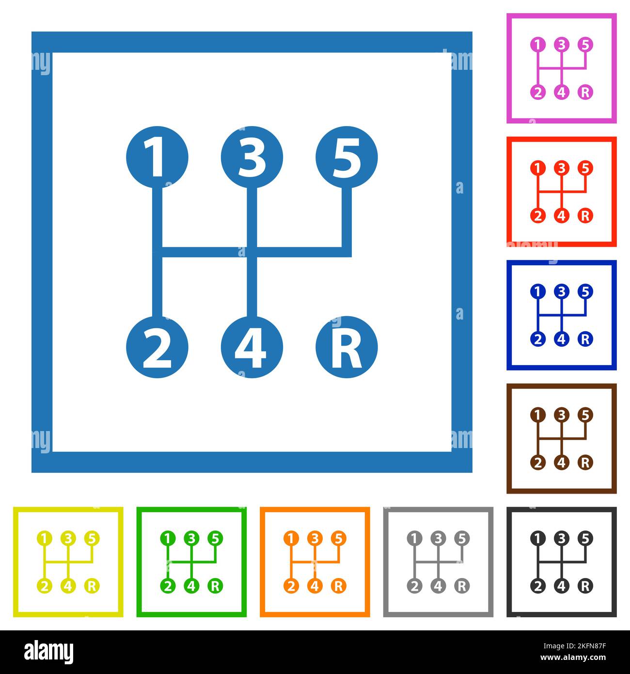 five speed manual gear shift flat color icons in square frames on white ...