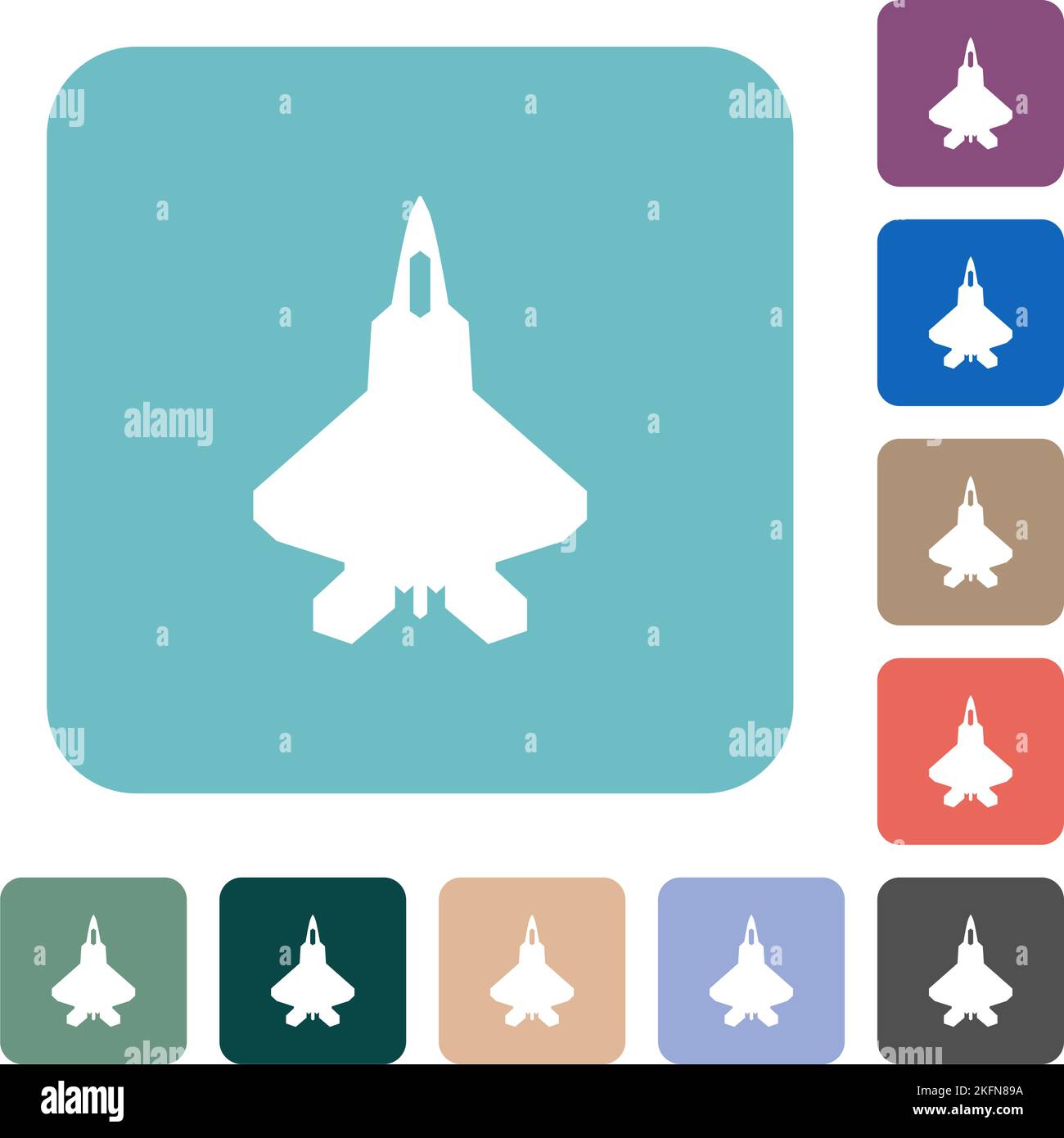Jet fighter silhouette white flat icons on color rounded square ...