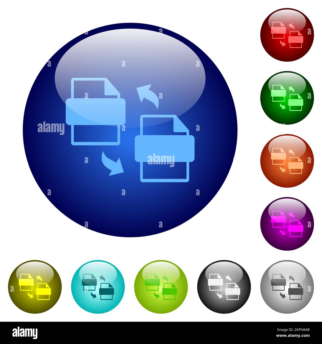 Convert files icons on round glass buttons in multiple colors. Arranged ...