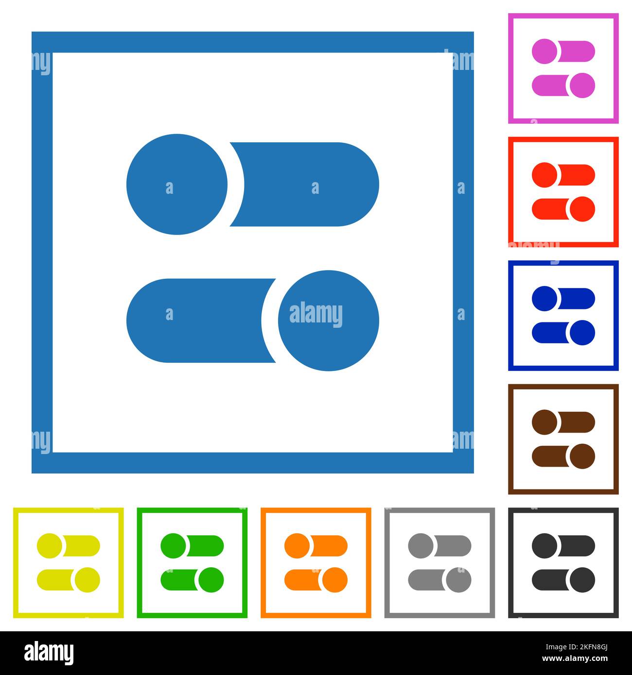 Horizontal toggle switches solid flat color icons in square frames on white background Stock ...
