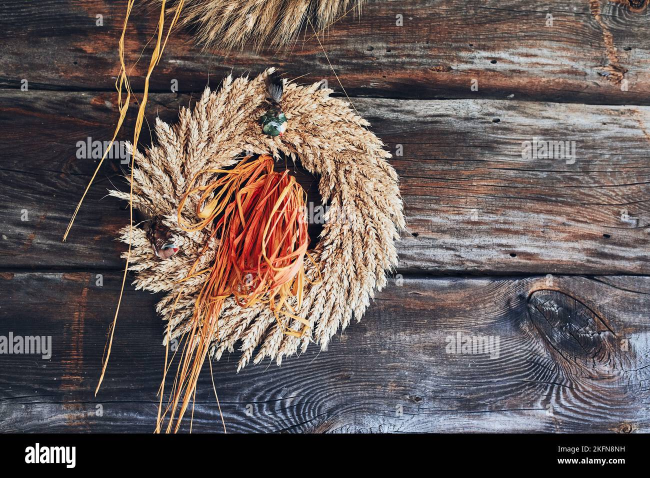 Wreath of golden ears of wheat, dried flowers and herbs tied with red ...