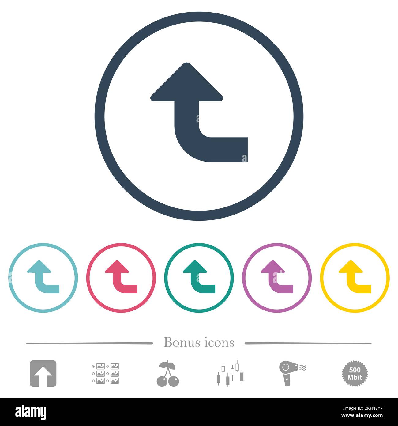 Left top side turn arrow solid flat color icons in round outlines. 6 ...