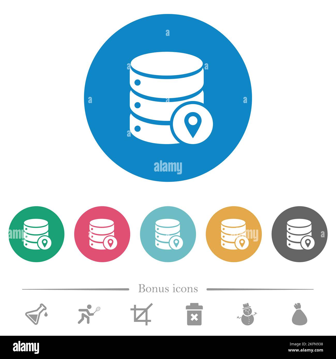 Database location flat white icons on round color backgrounds. 6 bonus ...
