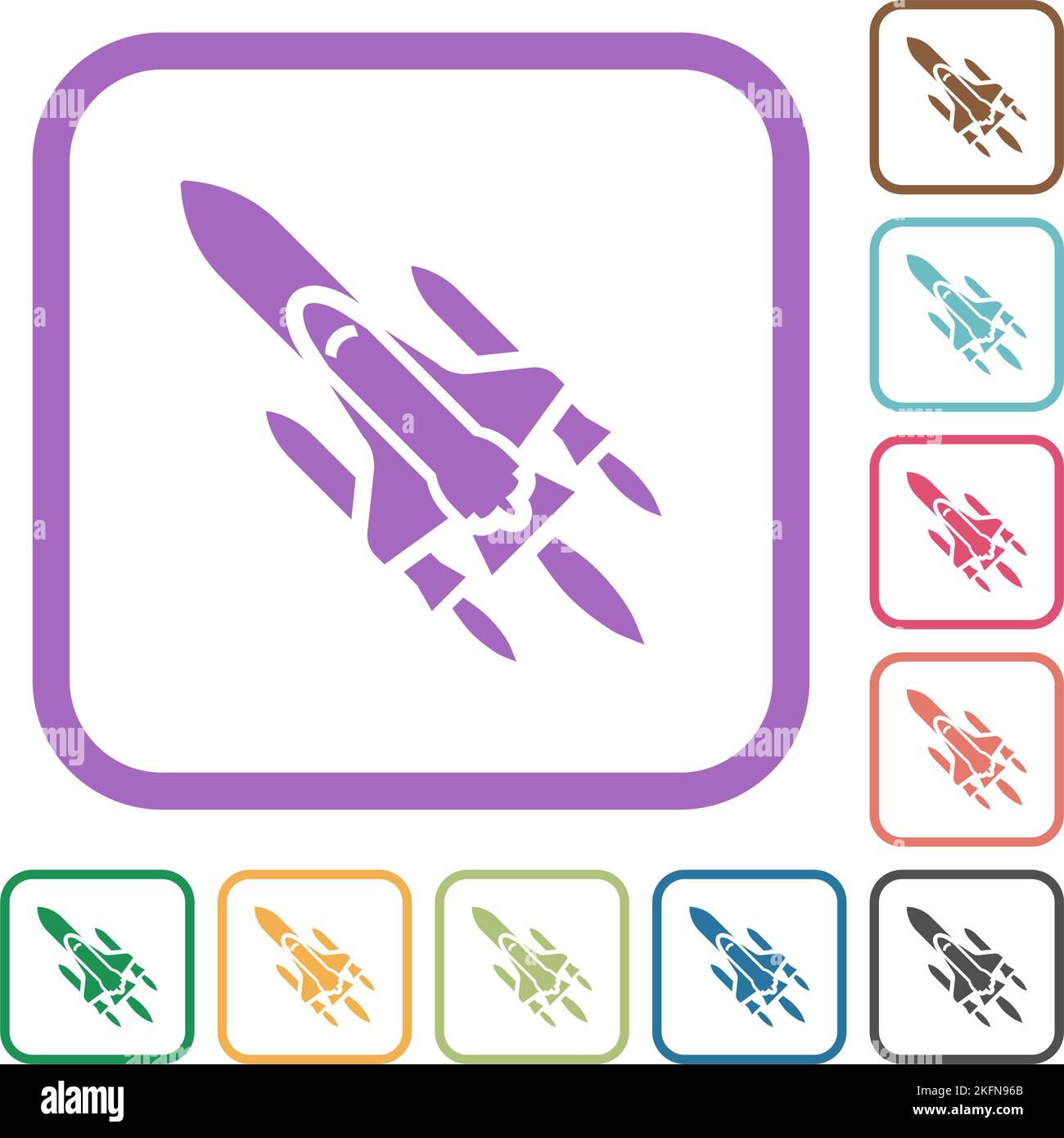 Space shuttle with launchers simple icons in color rounded square frames on white background ...