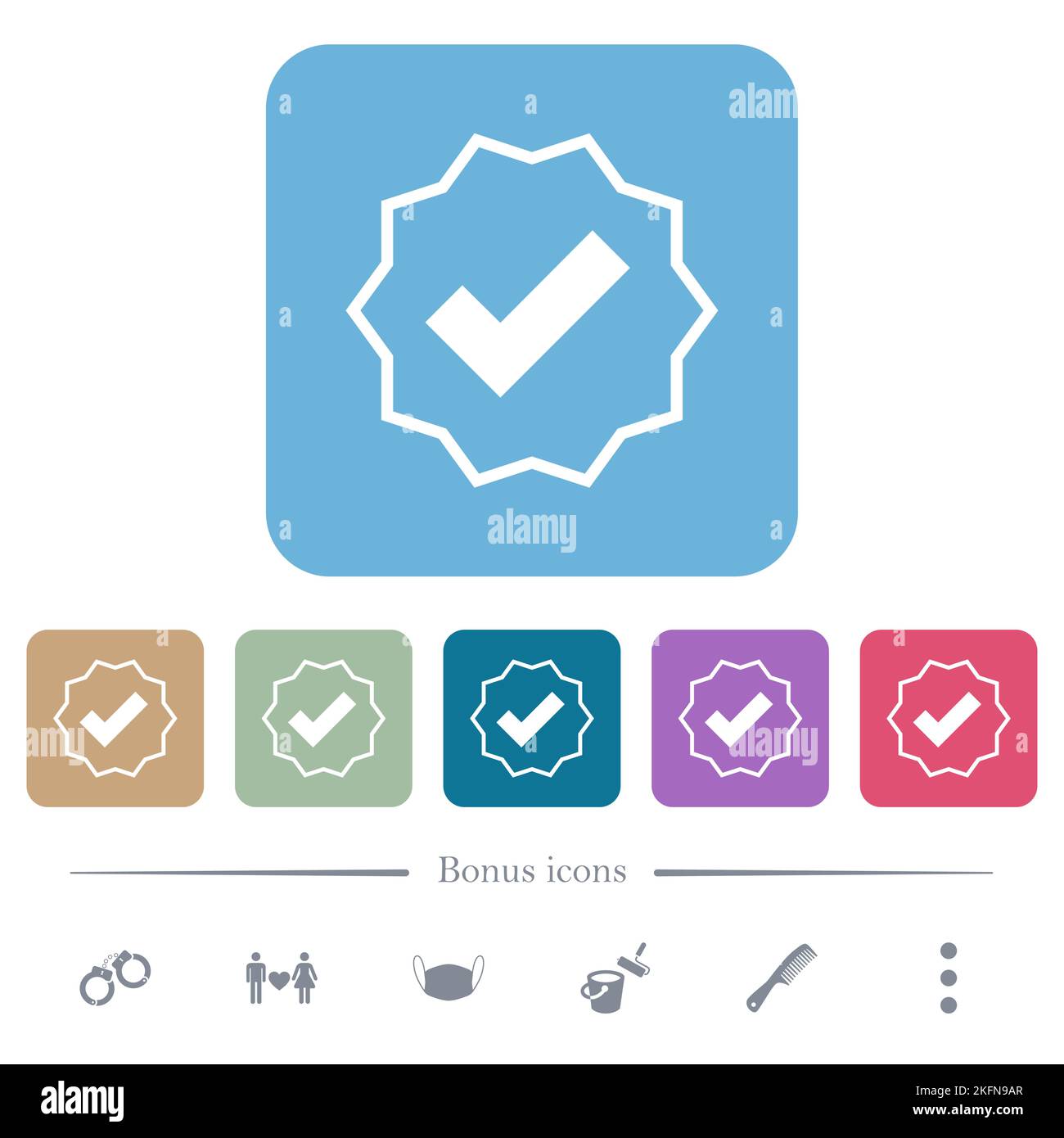 Verified sticker outline white flat icons on color rounded square ...