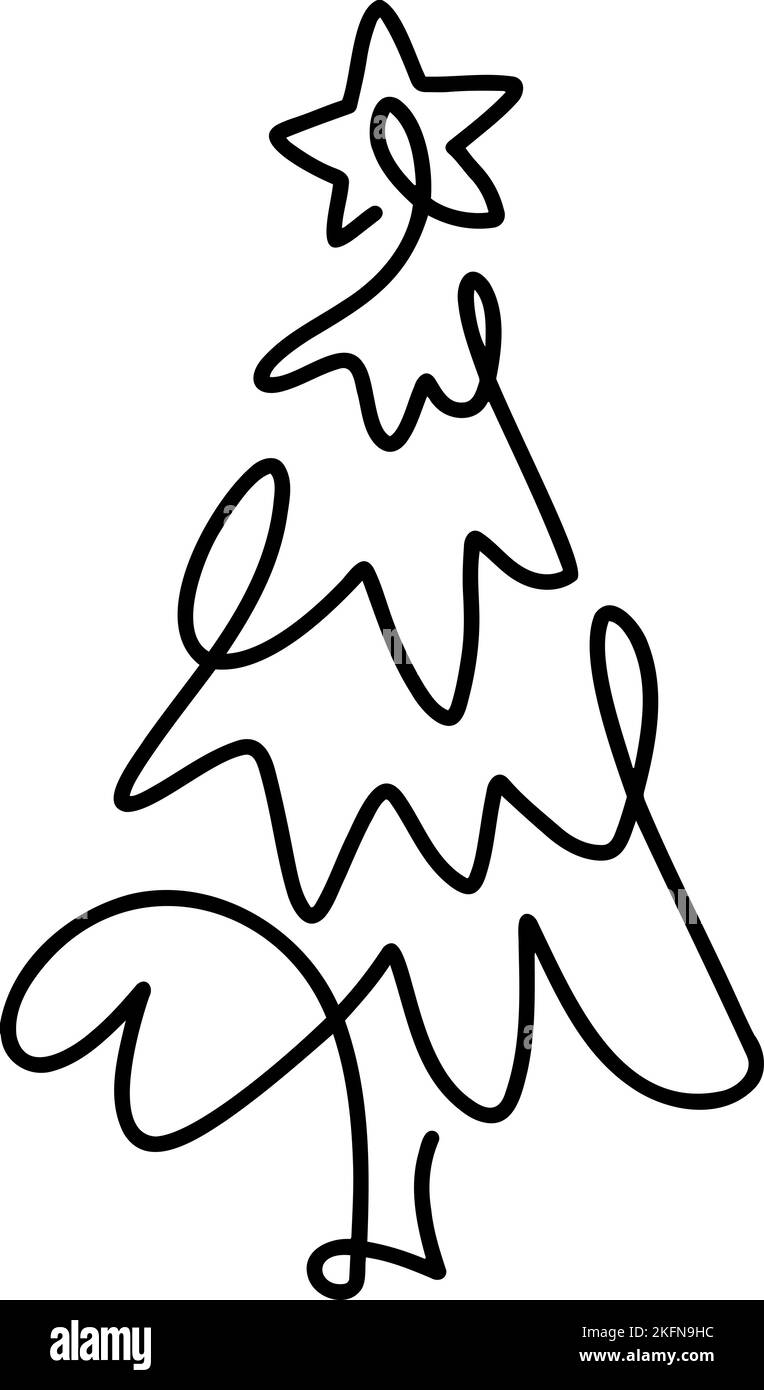 Christmas vector pine fir tree one line art with star. Continuous one ...