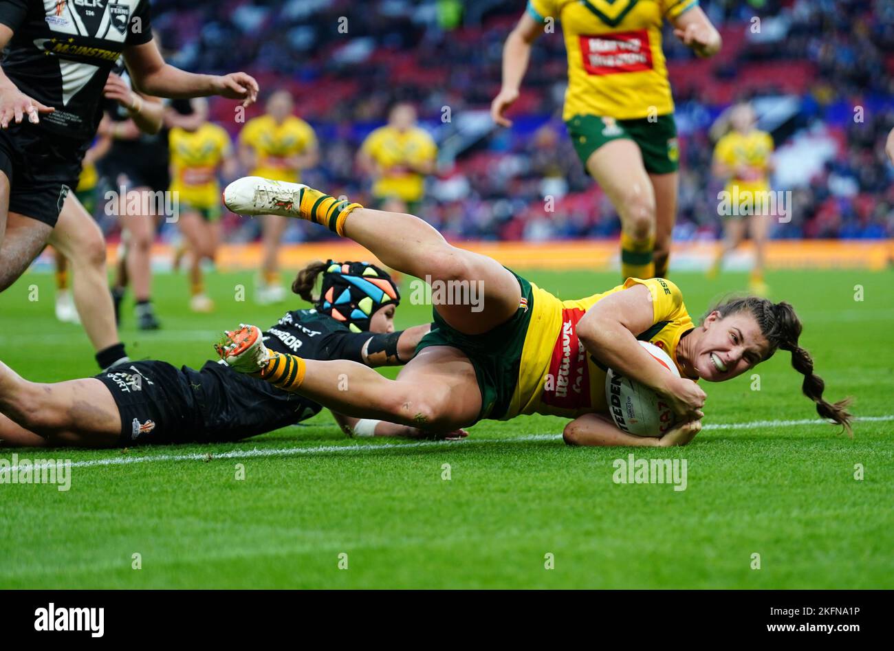 Australia's Jessica Sergis scores a try during the Women's Rugby League ...