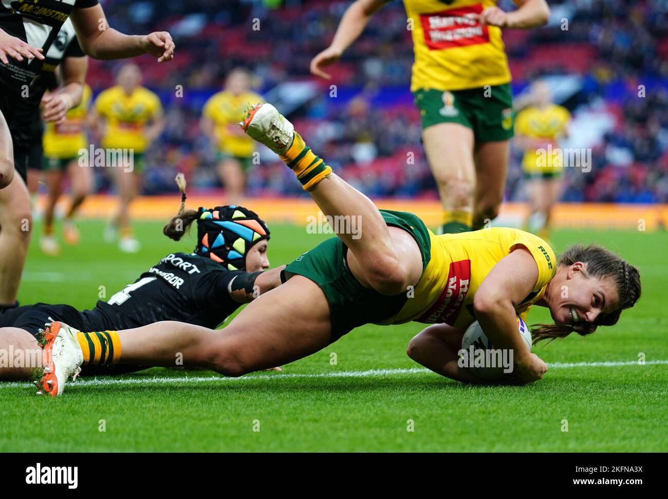 Australia's Jessica Sergis scores a try during the Women's Rugby League ...