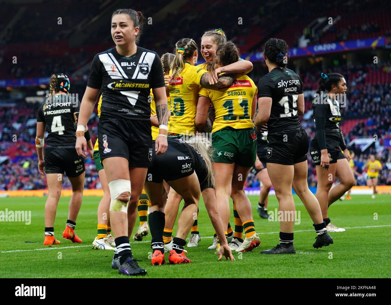 Australia's Jessica Sergis celebrates scoring a try during the Women's ...