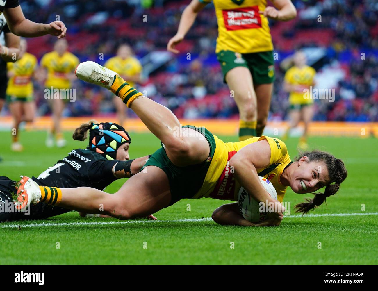 Australia's Jessica Sergis scores a try during the Women's Rugby League ...