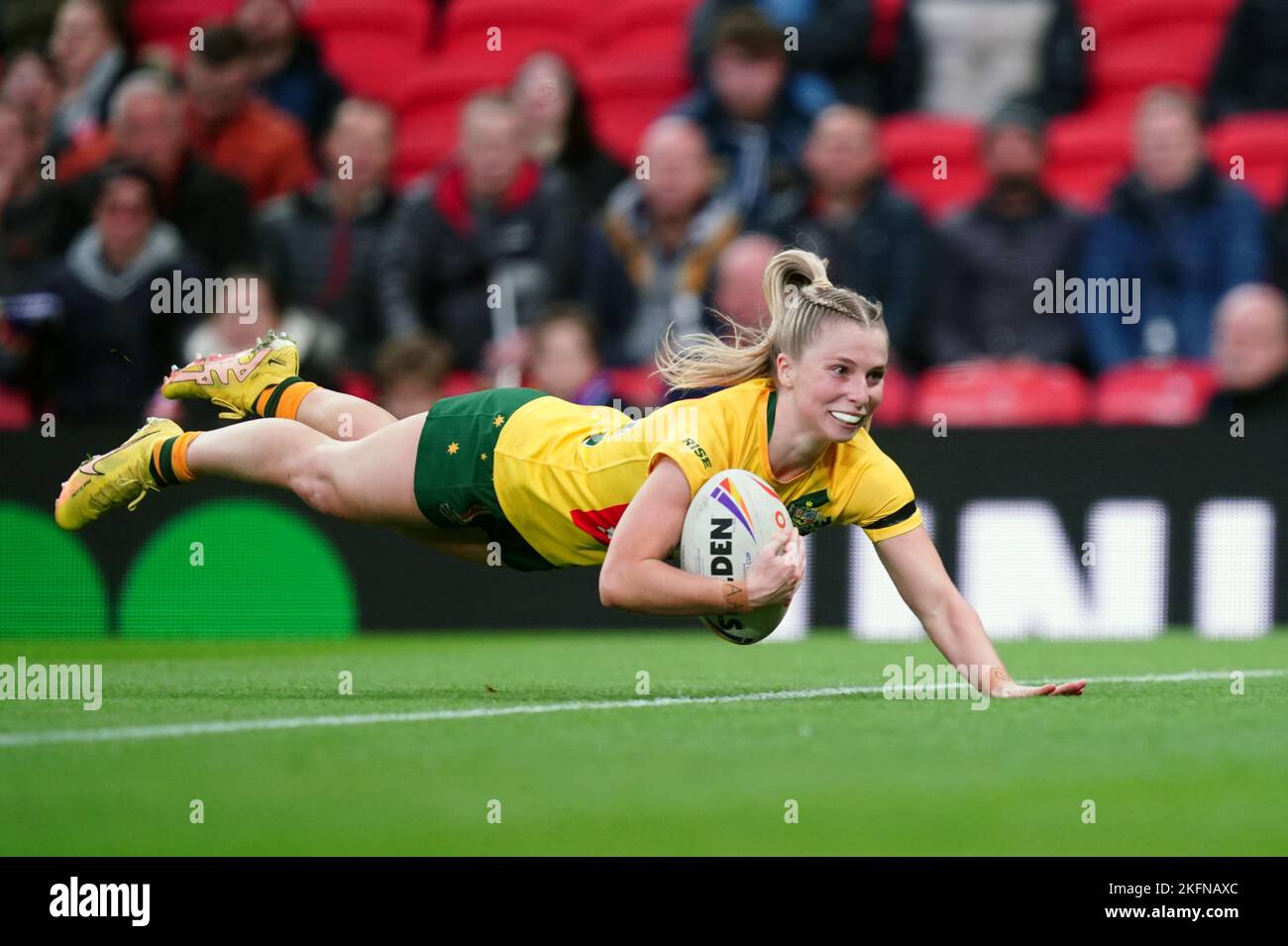Australia's Tarryn Aiken scores a try during the Women's Rugby League ...