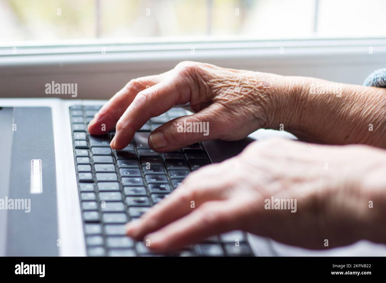 Female hands of an elderly woman press buttons on a laptop close-up ...