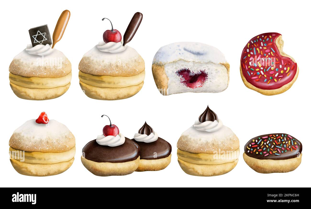 Watercolor donuts set of hand drawn illustration, collection of ...