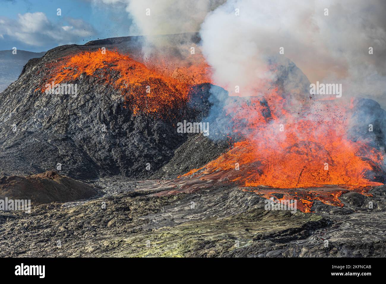 active volcano on Iceland. Eruption with lava flow from a volcanic ...