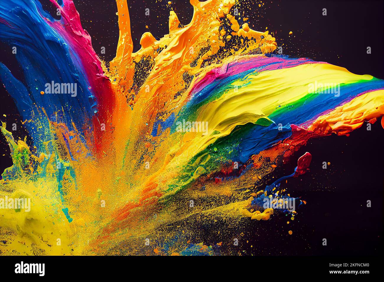 Exploding liquid paint in rainbow colors with splashes black background ...