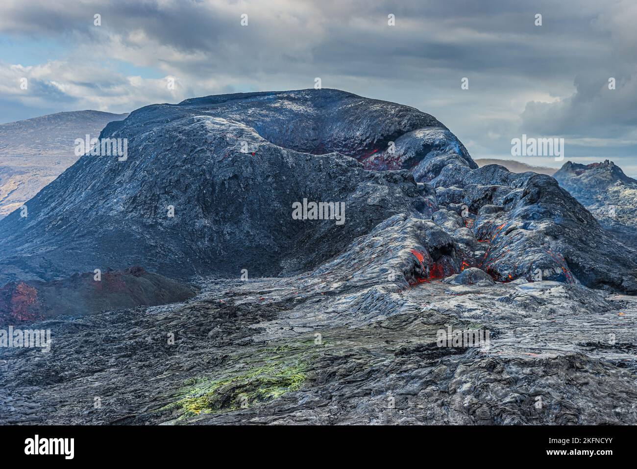 Volcanic craters on Iceland in front of the Erupiton. Landscape on the ...