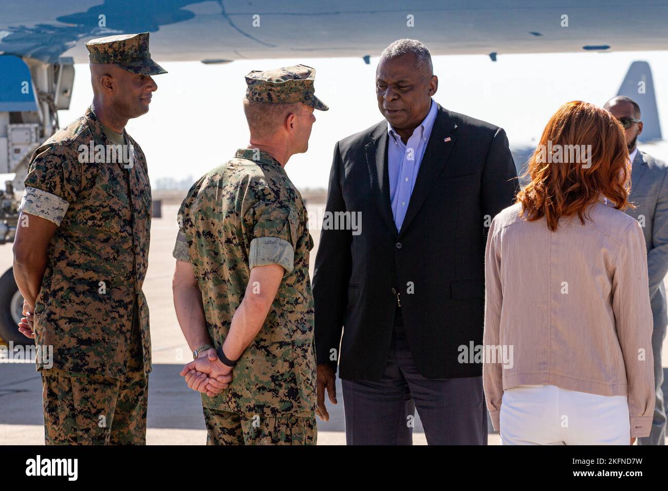 Secretary of Defense Lloyd J. Austin III, is greeted by U.S. Marine ...