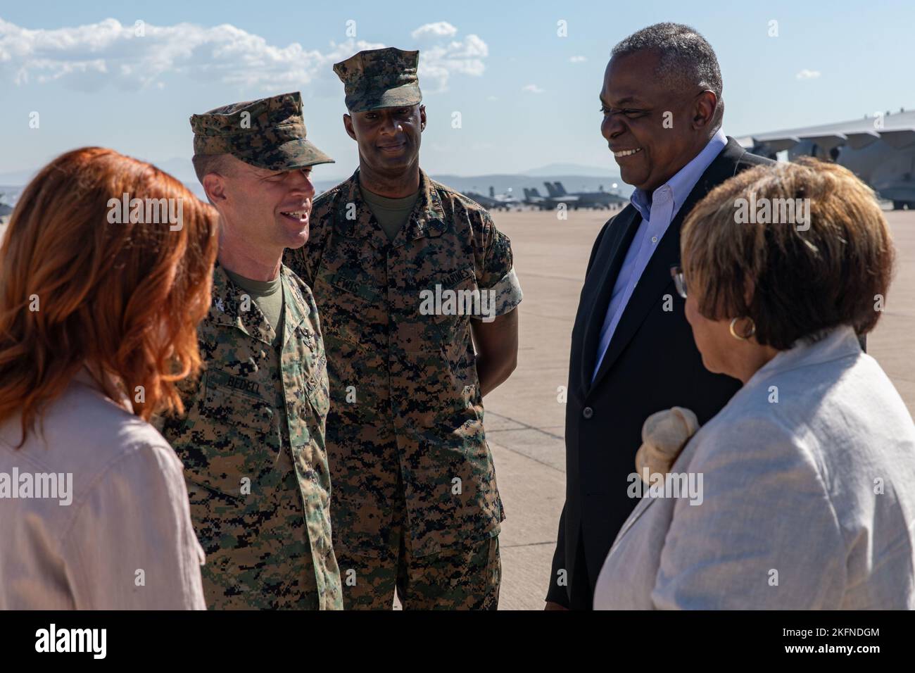 Secretary of Defense Lloyd J. Austin III, is greeted by U.S. Marine ...