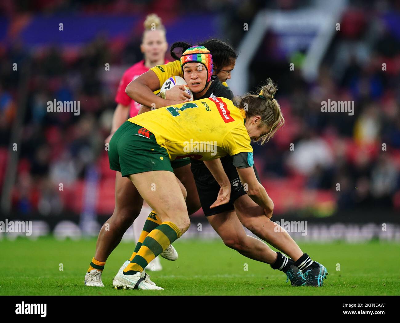 New Zealand's Christyl Stowers tackled by Austalia's Kezie Apps and ...