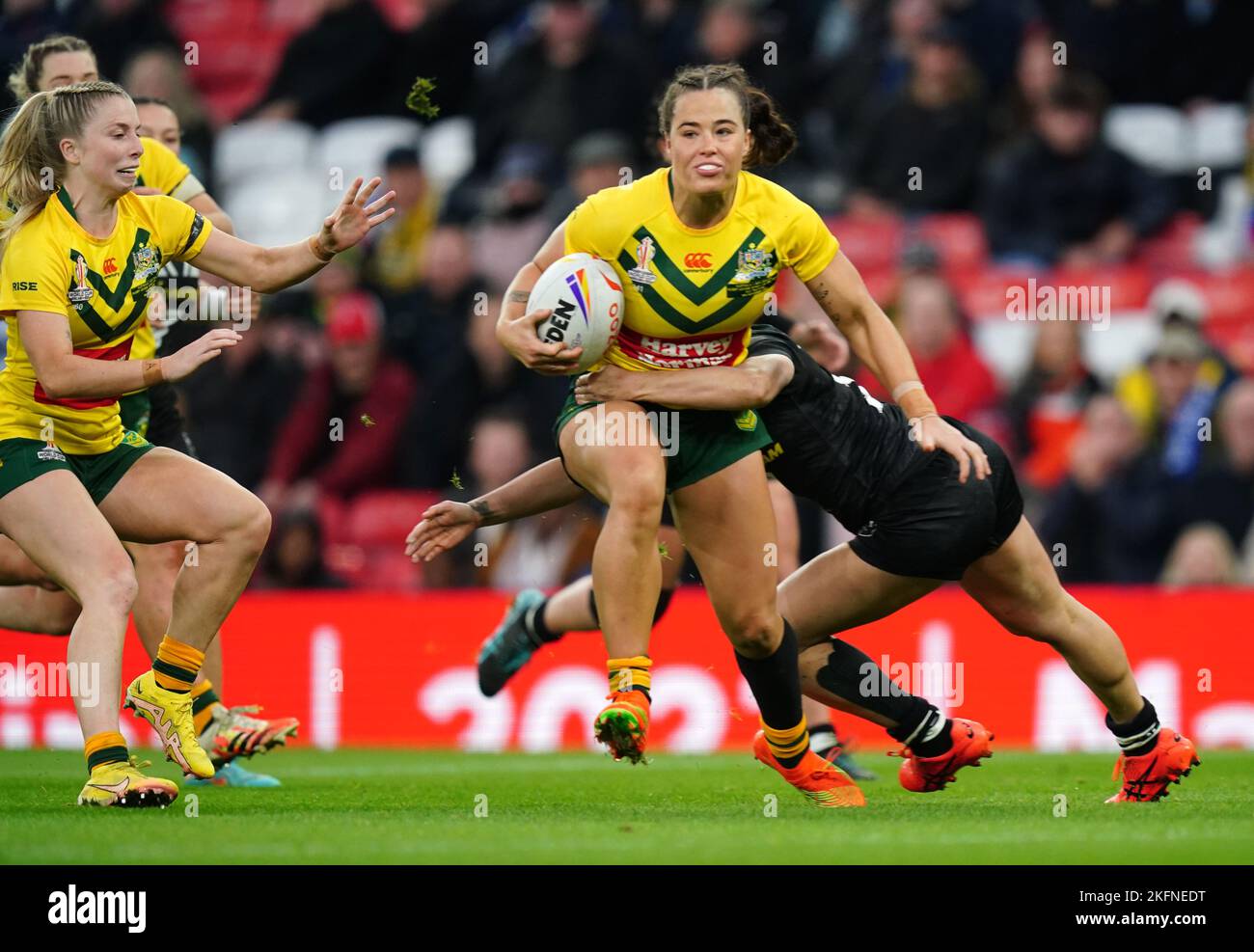 Australia's Isabelle Kelly tackled by New Zealand's Apii Nicholls ...