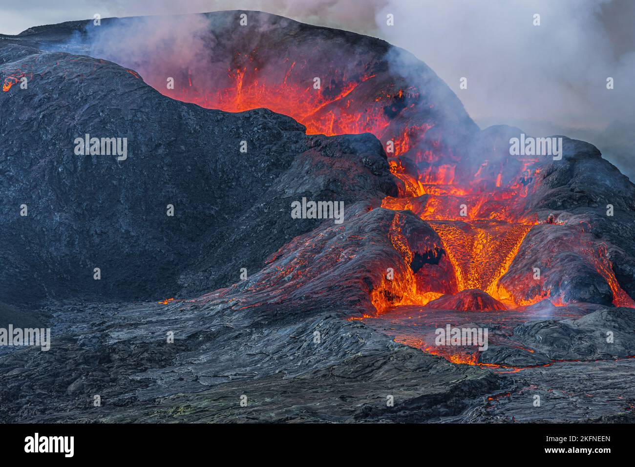 View into crater opening from the side. Lava flow from the crater of a ...
