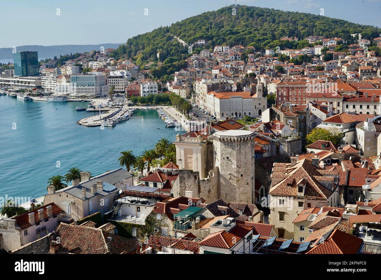 An aerial view of the seaside Split cityscape in Croatia with green ...