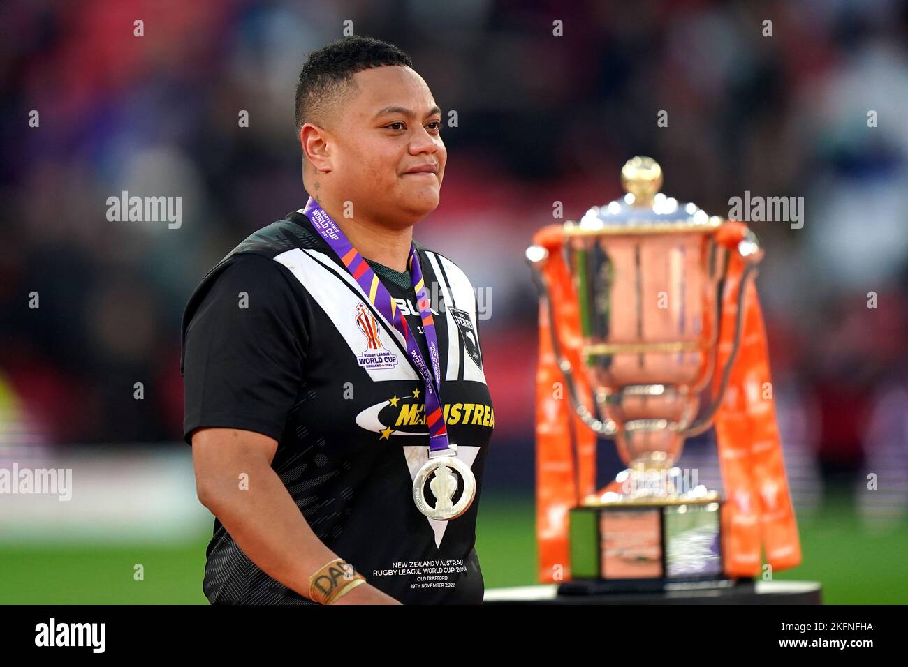 New Zealand's Mele Hufanga walks past the trophy following defeat in ...