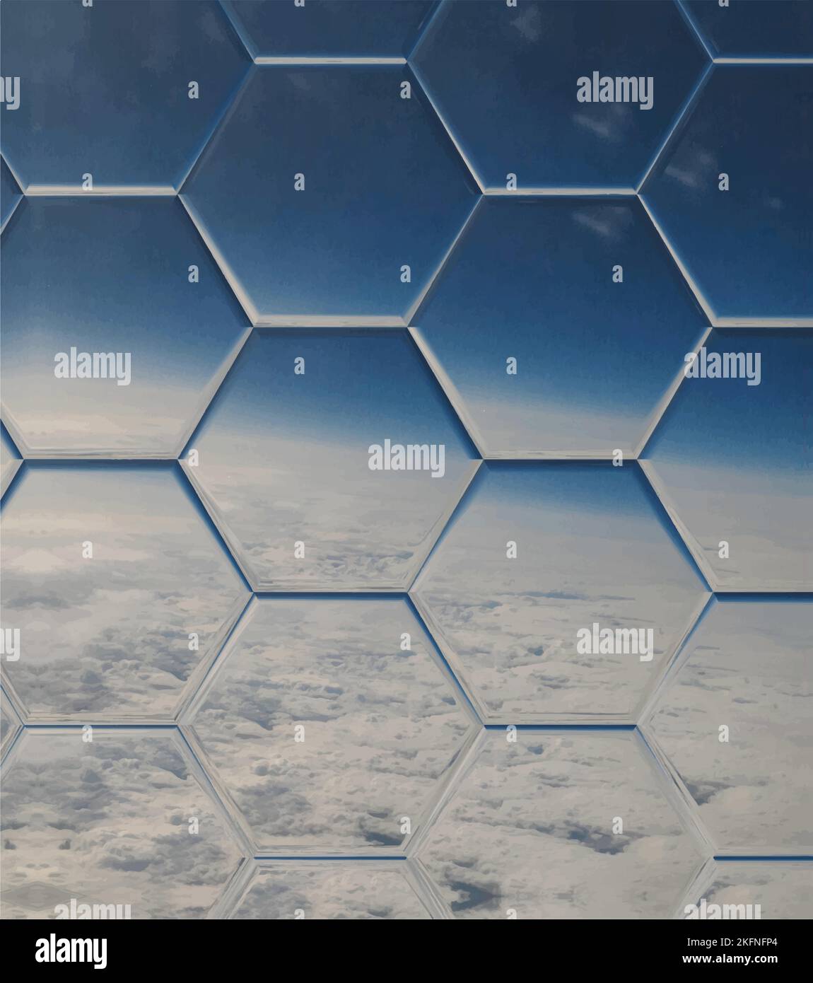 The editable view of snow and sky reflecting on a hexagonal shaped ...