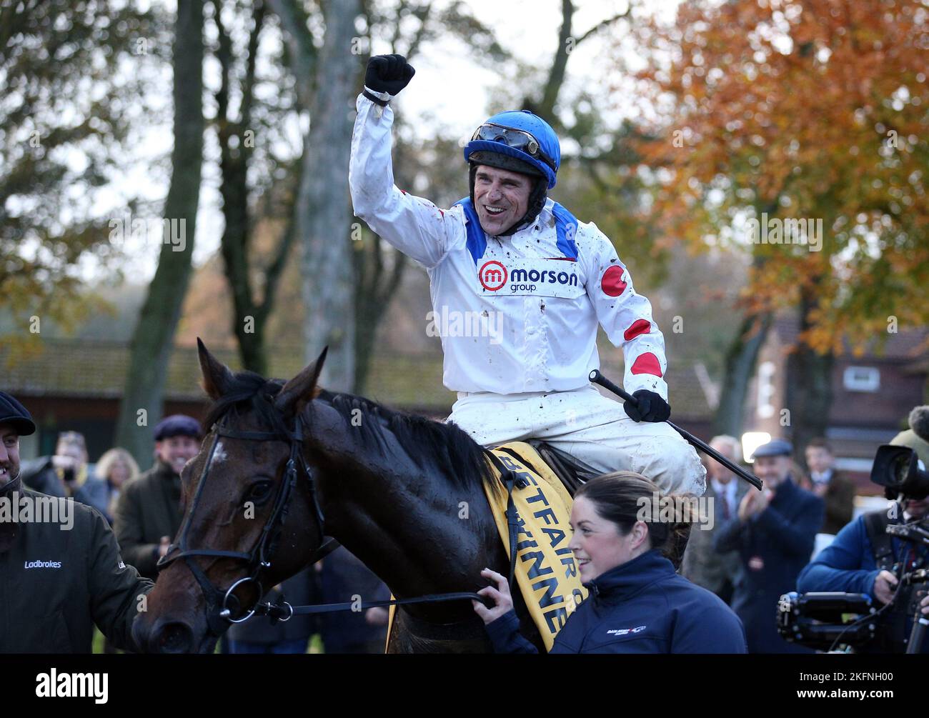 Harry Skelton celebrates winning the Betfair Chase with Protektorat on ...